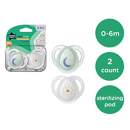 Tommee Tippee Night Time Glow in The Dark Pacifiers, Symmetrical Design, BPA-Free Silicone Nipple, Includes Sterilizer Box, 0-6m, 2 Count