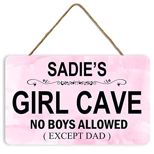 Personalized Pink Girl Cave Sign No Boys Allowed Sign for Girls Decoration Hanging Wood Sign Little Girls Room Wall Decor for Nursery Kids Bedroom Custom Plaque