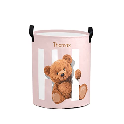 Hi Pink Teddy Bear Personalized Laundry Hamper ,Custom Name Collapsible Waterproof Laundry Basket Storage Bins with Handle for Clothes,Toy,Nursery