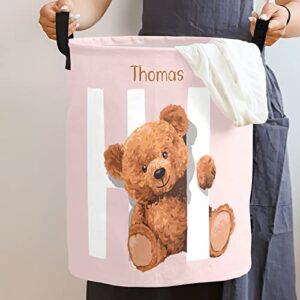 Hi Pink Teddy Bear Personalized Laundry Hamper ,Custom Name Collapsible Waterproof Laundry Basket Storage Bins with Handle for Clothes,Toy,Nursery