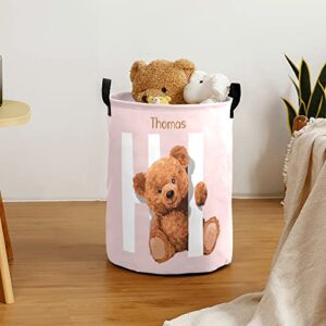 Hi Pink Teddy Bear Personalized Laundry Hamper ,Custom Name Collapsible Waterproof Laundry Basket Storage Bins with Handle for Clothes,Toy,Nursery