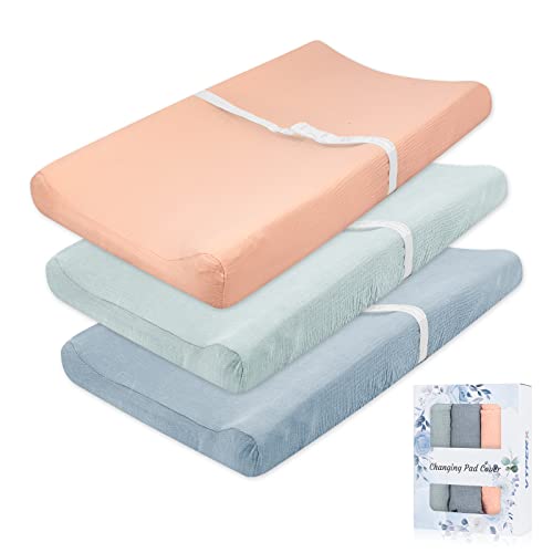 Muslin Diaper Changing Pad Covers, Solid Color Changing Table Pad Cover, Ultra Soft Breathable Boho Changing Pad Sheets Machine Washable Fit for Standrad Changing Pad 16" x 32", 3 Pack Fog