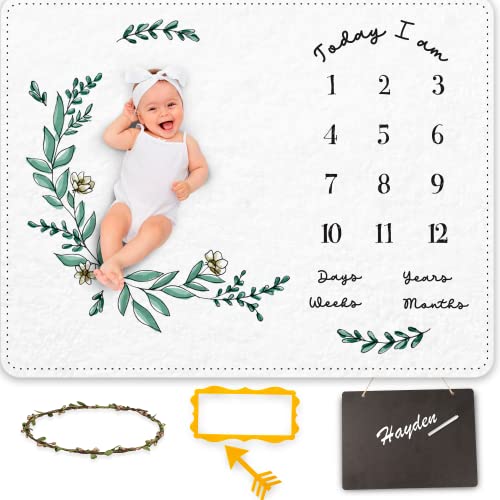 Griime Monthly Baby Milestone Blanket - Soft Milestone Blanket for Baby Boy & Girl - 300 GSM Thickness, Baby Month Blanket Kit with Chalkboard, Frames, Floral - Baby Monthly Milestone Blanket Gift.