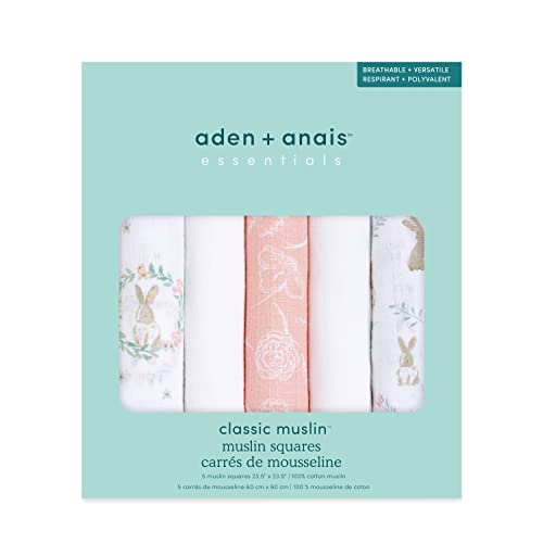 aden + anais Essentials Musy Squares, 100% Cotton Muslin, Lightweight and Beathable Diaper Bag Essential, 5 Pack, Blushing Bunnies