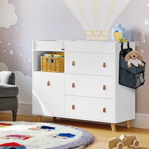 BANIROMAY Baby Changing Table Dresser with Drawers, Baby Nursery Dresser with Waterproof Changing Diaper Pad, Safety Belt and Hidden Trash Storage (White)