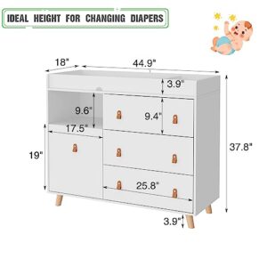 BANIROMAY Baby Changing Table Dresser with Drawers, Baby Nursery Dresser with Waterproof Changing Diaper Pad, Safety Belt and Hidden Trash Storage (White)