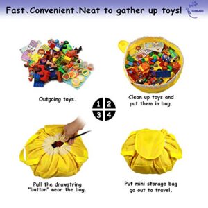 Toy Storage Mat Bag by Drawstring for Lego - Play Mat Bag Toy Storage Container for Kids with Cap can as Gift（2Pcs = Big Blue + Mini Yellow）