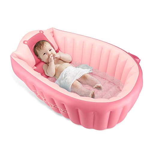 Inflatable Baby Bath Tub Portable Foldable Travel Mini Swimming Pool Helps Infants to Toddler Tub (Pink)