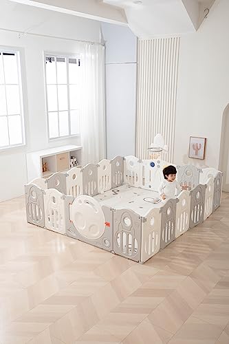 Space playpen:18 Panel Infants Toddler Safety Kids Playpen Activity Center Play Yard W/Lock Door and Basketball Hoop and Large Mat (Gray +White)