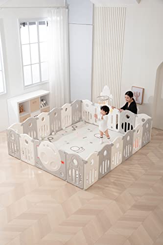 Space playpen:18 Panel Infants Toddler Safety Kids Playpen Activity Center Play Yard W/Lock Door and Basketball Hoop and Large Mat (Gray +White)