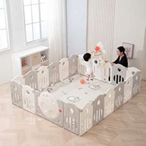 Space playpen:18 Panel Infants Toddler Safety Kids Playpen Activity Center Play Yard W/Lock Door and Basketball Hoop and Large Mat (Gray +White)