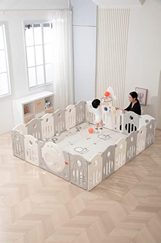 Space playpen:18 Panel Infants Toddler Safety Kids Playpen Activity Center Play Yard W/Lock Door and Basketball Hoop and Large Mat (Gray +White)