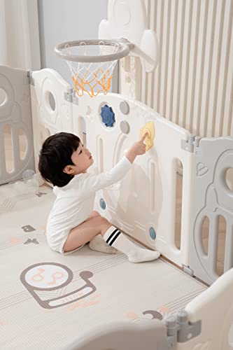 Space playpen:18 Panel Infants Toddler Safety Kids Playpen Activity Center Play Yard W/Lock Door and Basketball Hoop and Large Mat (Gray +White)