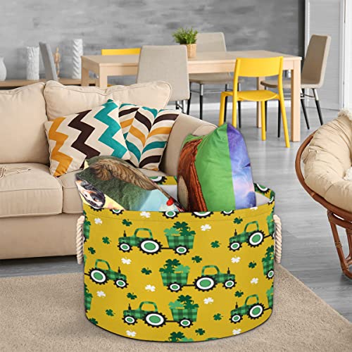 Checkered Tractor Clover Leaves St Patrick's Large Round Baskets for Storage Laundry Baskets with Handles Blanket Storage Basket for Bathroom Shelves Bins for Organizing Nursery Hamper Girl Boy