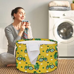 Checkered Tractor Clover Leaves St Patrick's Large Round Baskets for Storage Laundry Baskets with Handles Blanket Storage Basket for Bathroom Shelves Bins for Organizing Nursery Hamper Girl Boy