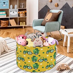 Checkered Tractor Clover Leaves St Patrick's Large Round Baskets for Storage Laundry Baskets with Handles Blanket Storage Basket for Bathroom Shelves Bins for Organizing Nursery Hamper Girl Boy