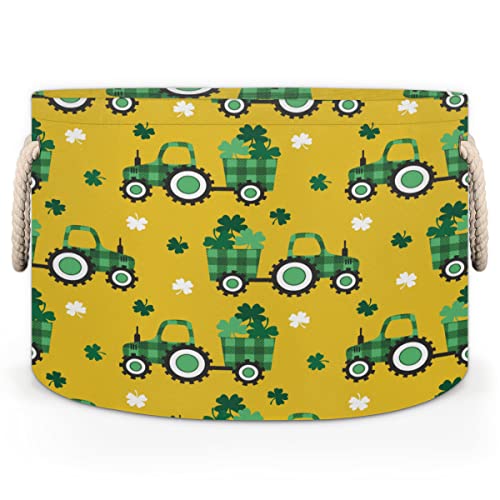 Checkered Tractor Clover Leaves St Patrick's Large Round Baskets for Storage Laundry Baskets with Handles Blanket Storage Basket for Bathroom Shelves Bins for Organizing Nursery Hamper Girl Boy