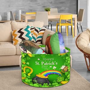 Saint Patricks Day Clover Leaf Large Round Baskets for Storage Laundry Baskets with Handles Blanket Storage Basket for Bathroom Shelves Bins for Organizing Nursery Hamper Girl Boy