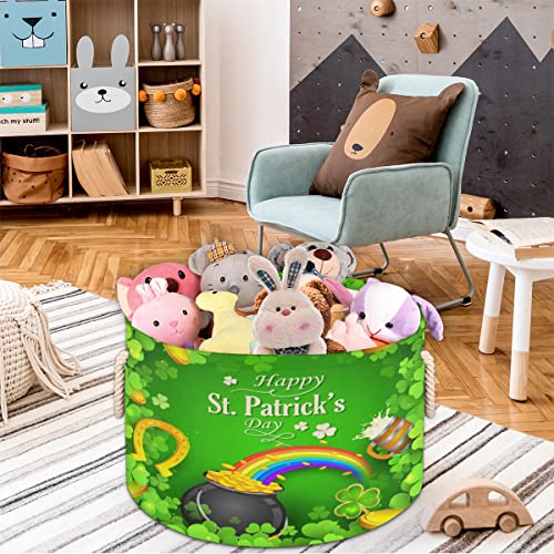 Saint Patricks Day Clover Leaf Large Round Baskets for Storage Laundry Baskets with Handles Blanket Storage Basket for Bathroom Shelves Bins for Organizing Nursery Hamper Girl Boy