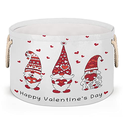 Valentine Cute Gnomes Love Heart (15) Large Round Baskets for Storage Laundry Baskets with Handles Blanket Storage Basket for Bathroom Shelves Bins for Organizing Nursery Hamper Girl Boy