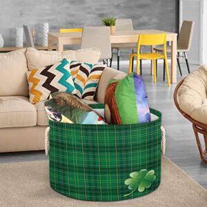 Saint Patricks Day Tartan Cloverleaf Large Round Baskets for Storage Laundry Baskets with Handles Blanket Storage Basket for Bathroom Shelves Bins for Organizing Nursery Hamper Girl Boy