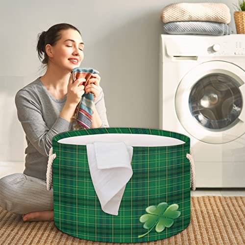 Saint Patricks Day Tartan Cloverleaf Large Round Baskets for Storage Laundry Baskets with Handles Blanket Storage Basket for Bathroom Shelves Bins for Organizing Nursery Hamper Girl Boy