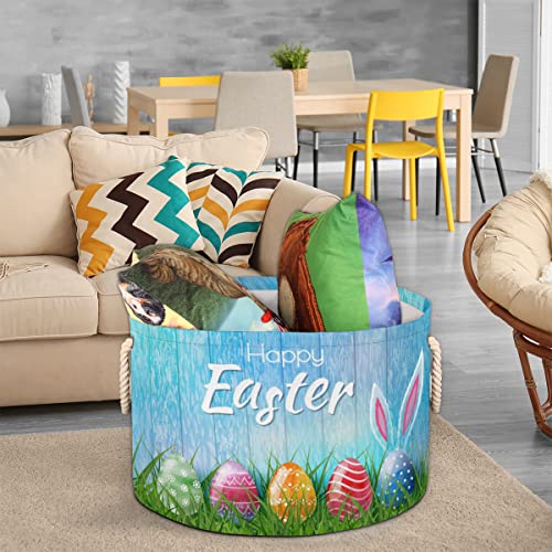 Easter Bunny Rabbit Eggs (14) Large Round Baskets for Storage Laundry Baskets with Handles Blanket Storage Basket for Bathroom Shelves Bins for Organizing Nursery Hamper Girl Boy