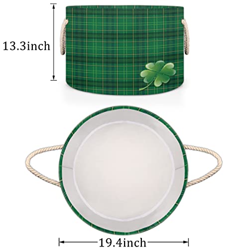 Saint Patricks Day Tartan Cloverleaf Large Round Baskets for Storage Laundry Baskets with Handles Blanket Storage Basket for Bathroom Shelves Bins for Organizing Nursery Hamper Girl Boy