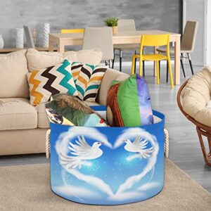 Heart Shape Bird Couple Large Round Baskets for Storage Laundry Baskets with Handles Blanket Storage Basket for Bathroom Shelves Bins for Organizing Nursery Hamper Girl Boy