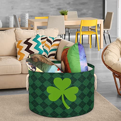 Green Clover Paid Background Large Round Baskets for Storage Laundry Baskets with Handles Blanket Storage Basket for Bathroom Shelves Bins for Organizing Nursery Hamper Girl Boy