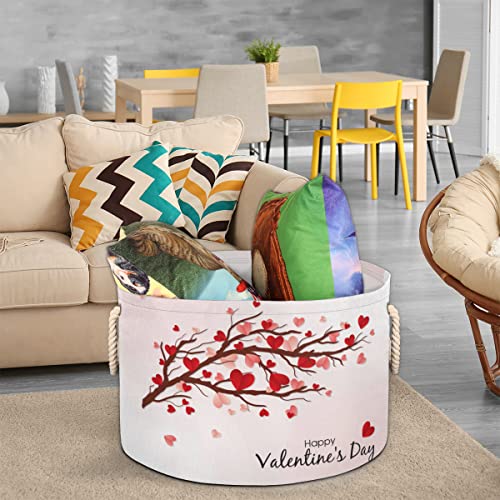 Tree Branches Leaf Heart Valentine's Day (7) Large Round Baskets for Storage Laundry Baskets with Handles Blanket Storage Basket for Bathroom Shelves Bins for Organizing Nursery Hamper Girl Boy