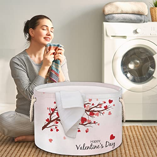 Tree Branches Leaf Heart Valentine's Day (7) Large Round Baskets for Storage Laundry Baskets with Handles Blanket Storage Basket for Bathroom Shelves Bins for Organizing Nursery Hamper Girl Boy