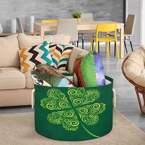 Lucky 4 Leaf Clover Dark Green Large Round Baskets for Storage Laundry Baskets with Handles Blanket Storage Basket for Bathroom Shelves Bins for Organizing Nursery Hamper Girl Boy