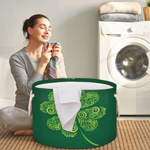 Lucky 4 Leaf Clover Dark Green Large Round Baskets for Storage Laundry Baskets with Handles Blanket Storage Basket for Bathroom Shelves Bins for Organizing Nursery Hamper Girl Boy