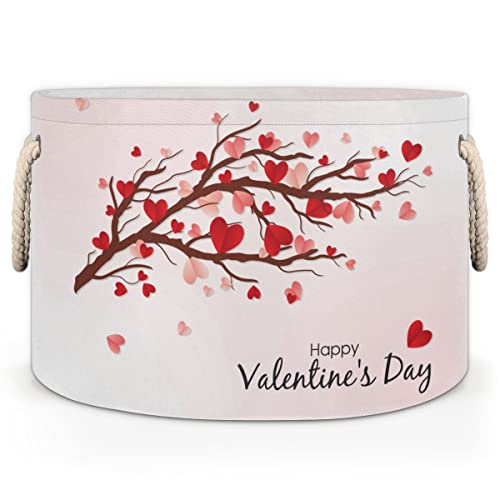 Tree Branches Leaf Heart Valentine's Day (7) Large Round Baskets for Storage Laundry Baskets with Handles Blanket Storage Basket for Bathroom Shelves Bins for Organizing Nursery Hamper Girl Boy