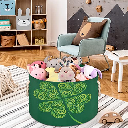 Lucky 4 Leaf Clover Dark Green Large Round Baskets for Storage Laundry Baskets with Handles Blanket Storage Basket for Bathroom Shelves Bins for Organizing Nursery Hamper Girl Boy