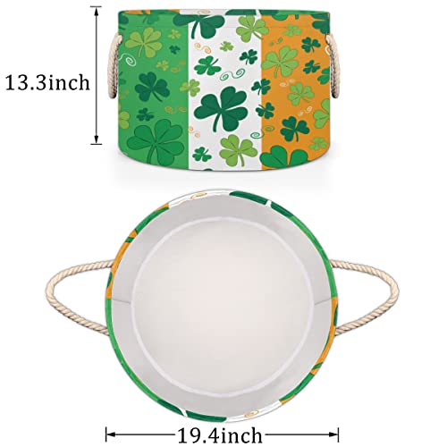 Shamrocks On Irish Flag Large Round Baskets for Storage Laundry Baskets with Handles Blanket Storage Basket for Bathroom Shelves Bins for Organizing Nursery Hamper Girl Boy