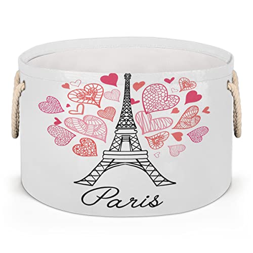 Valentine's Day Heart Eiffel Tower Large Round Baskets for Storage Laundry Baskets with Handles Blanket Storage Basket for Bathroom Shelves Bins for Organizing Nursery Hamper Girl Boy