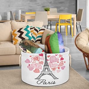 Valentine's Day Heart Eiffel Tower Large Round Baskets for Storage Laundry Baskets with Handles Blanket Storage Basket for Bathroom Shelves Bins for Organizing Nursery Hamper Girl Boy