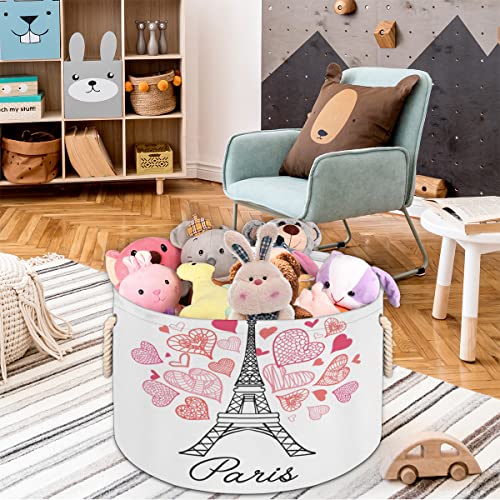 Valentine's Day Heart Eiffel Tower Large Round Baskets for Storage Laundry Baskets with Handles Blanket Storage Basket for Bathroom Shelves Bins for Organizing Nursery Hamper Girl Boy