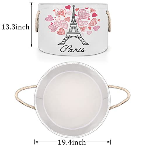 Valentine's Day Heart Eiffel Tower Large Round Baskets for Storage Laundry Baskets with Handles Blanket Storage Basket for Bathroom Shelves Bins for Organizing Nursery Hamper Girl Boy