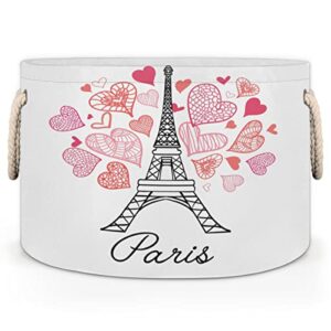 Valentine's Day Heart Eiffel Tower Large Round Baskets for Storage Laundry Baskets with Handles Blanket Storage Basket for Bathroom Shelves Bins for Organizing Nursery Hamper Girl Boy