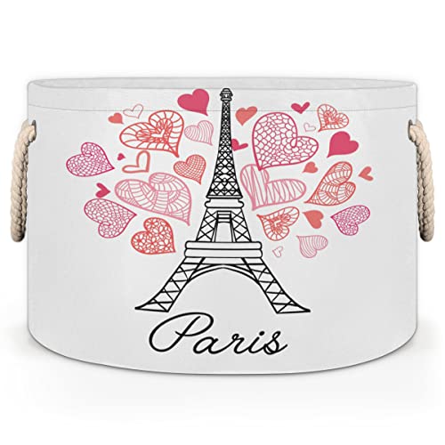 Valentine's Day Heart Eiffel Tower Large Round Baskets for Storage Laundry Baskets with Handles Blanket Storage Basket for Bathroom Shelves Bins for Organizing Nursery Hamper Girl Boy