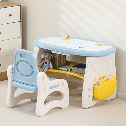 WHY TOYS Kids Table and Chair Set The Table Can Be Graffiti and The Height Can Be Raised and Lowered for Children Age 2-10 The Order Includes Watercolor Pen and Blackboard Eraser