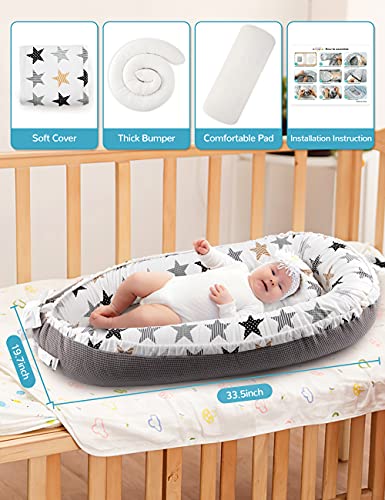 GIEFRNE Baby Lounger Baby Nest Cover Baby Registry Search Co-Sleeping Portable Bed Cover for Baby 0-12M, Soft Breathable Cotton for Newborn Bassinet Mattress Adjustable Size (Star)