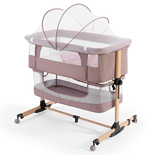 Lamberia Baby Bassinet, Bedside Sleeper Adjustable Bedside Crib with Storage Basket, Easy Folding Portable Baby Bed for Infant/Newborn (Khaki)