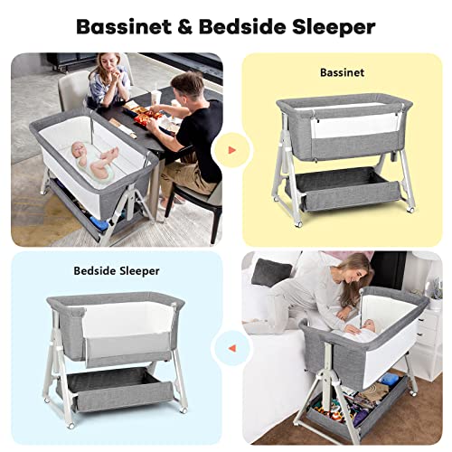 Cowiewie Baby Bassinets,Bedside Sleeper for Baby/Infants with Storage Basket, Easy to Assemble Bassinet for Newborn/Infant, Adjustable Bedside Crib,Safe Portable Baby Bed,Travel Bag Included(Grey)