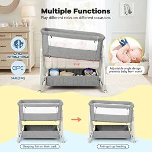 Cowiewie Baby Bassinets,Bedside Sleeper for Baby/Infants with Storage Basket, Easy to Assemble Bassinet for Newborn/Infant, Adjustable Bedside Crib,Safe Portable Baby Bed,Travel Bag Included(Grey)