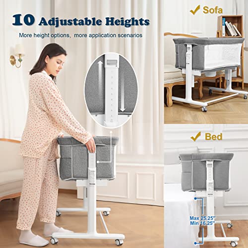 VaVaSoo Rocking Bassinet for Baby Automatic Bedside Sleeper Electric Smart Bedside Crib with Wheels, 3 in 1 Co Sleeper for Newborn/Infant 10 Heights Adjustable, Light Grey