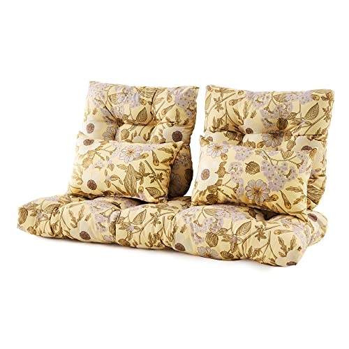 ARTPLAN Outdoor Cushions for Settee,Wicker Loveseat Cushions with Tie,Tufted Patio Cushions 2 U-Shaped Set of 5 Piece,L44xW19，Floral,Beige